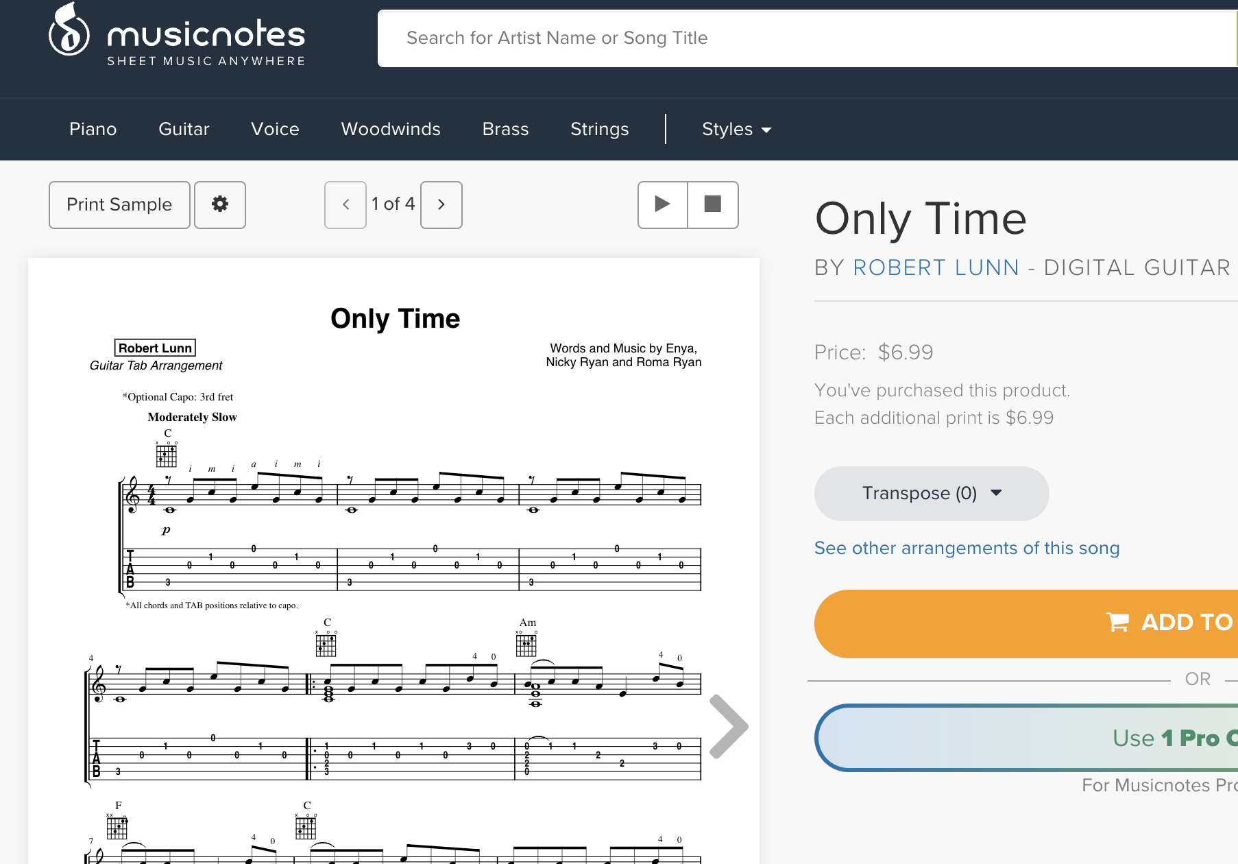 Only Time – Enya – Includes Partial Sheet Music/Tab – Arrangement for ...